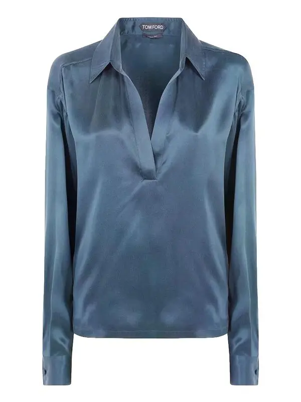 TOM FORD Silk Satin Polo With Embroidered Logo - Blue
