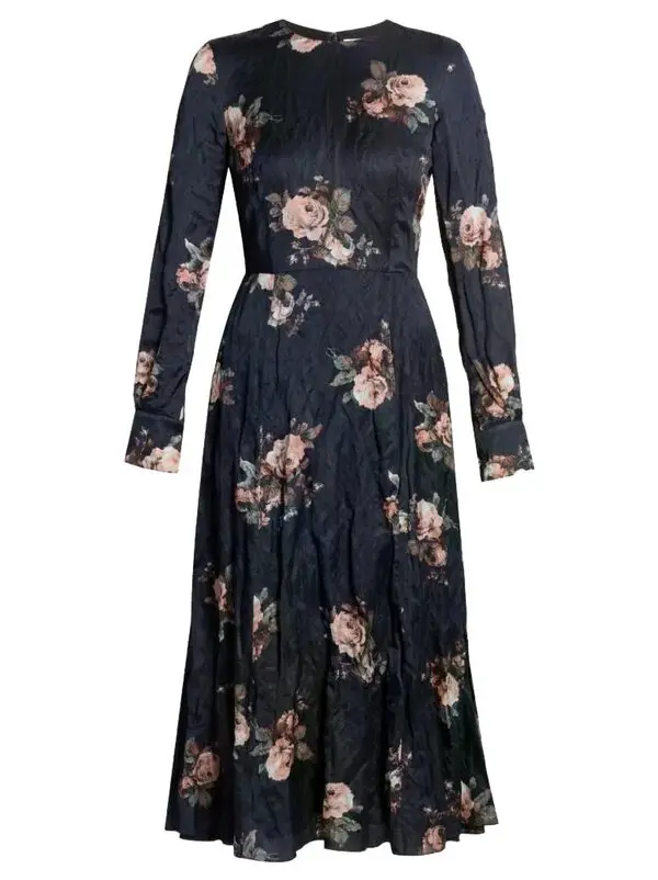 Erdem Floral Pattern Textured Long Sleeve Dress - Black