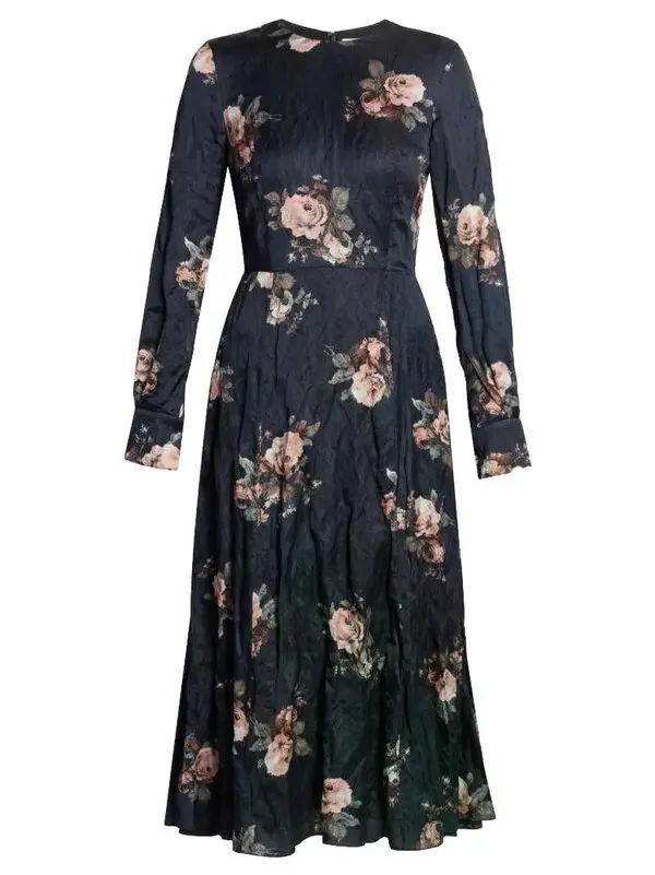 Erdem Floral Pattern Textured Long Sleeve Dress - Black