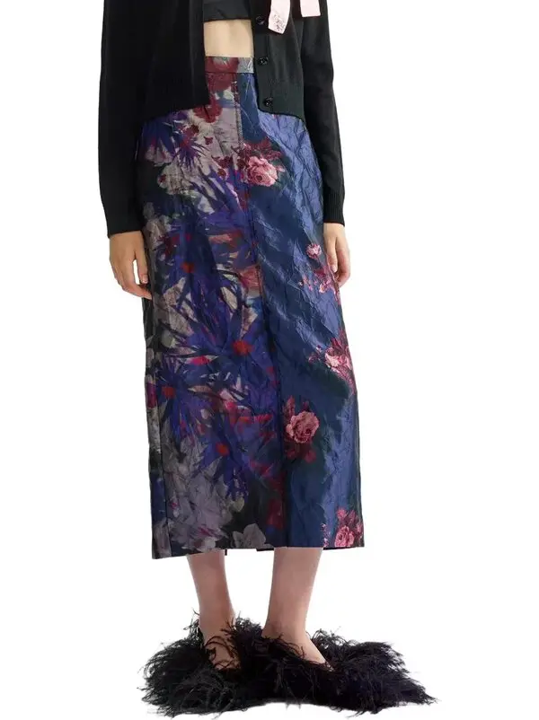 Erdem Archive Patchwork Crinkled Midi Skirt - Blue