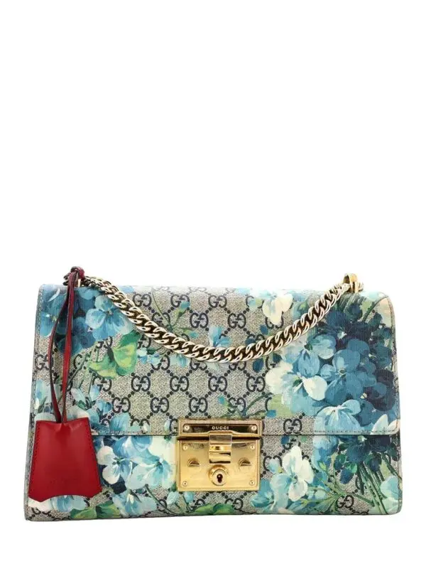 Gucci Padlock Blooms Print Gg Coated Canvas Medium Shoulder Bag - Blue