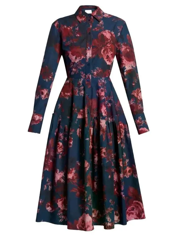 Erdem Floral Print Long Sleeve Shirt Dress - Blue