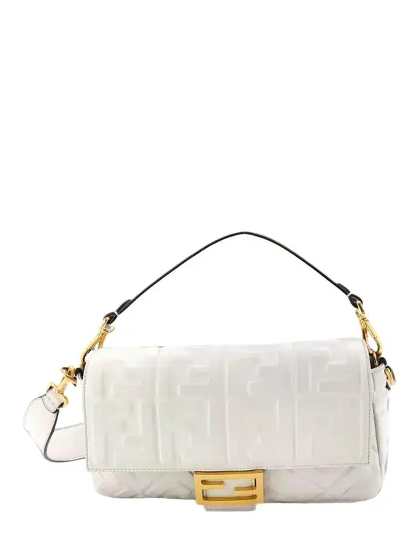 Fendi Baguette Nm Bag Zucca Embossed Leather Medium Crossbody Bag - White