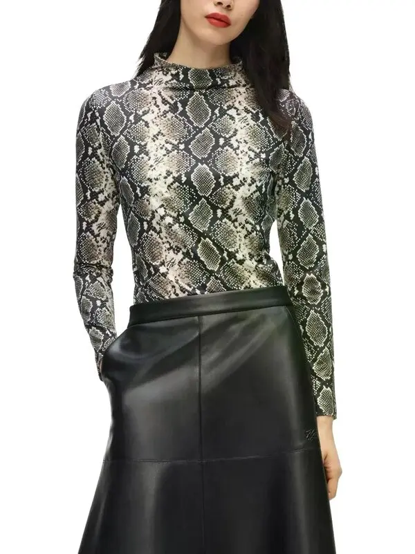 Karl Lagerfeld Snake Print Mock Neck Long Sleeve Top - Black