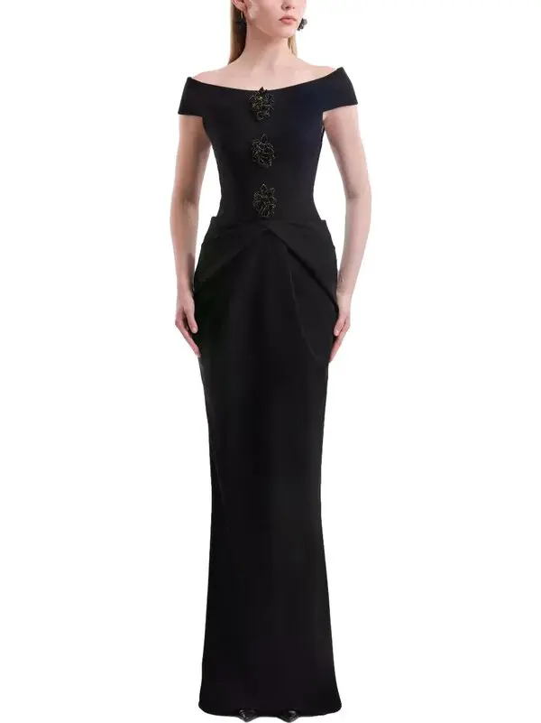 GEMY MAALOUF Off-shoulder Floral Embellished Maxi Dress - Black