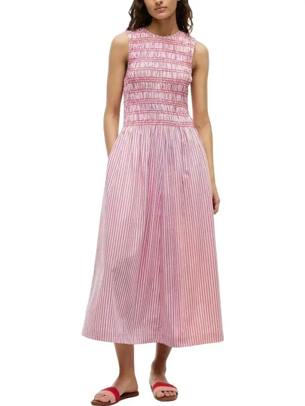 Tommy Hilfiger Smocked Striped Midi Dress - Red