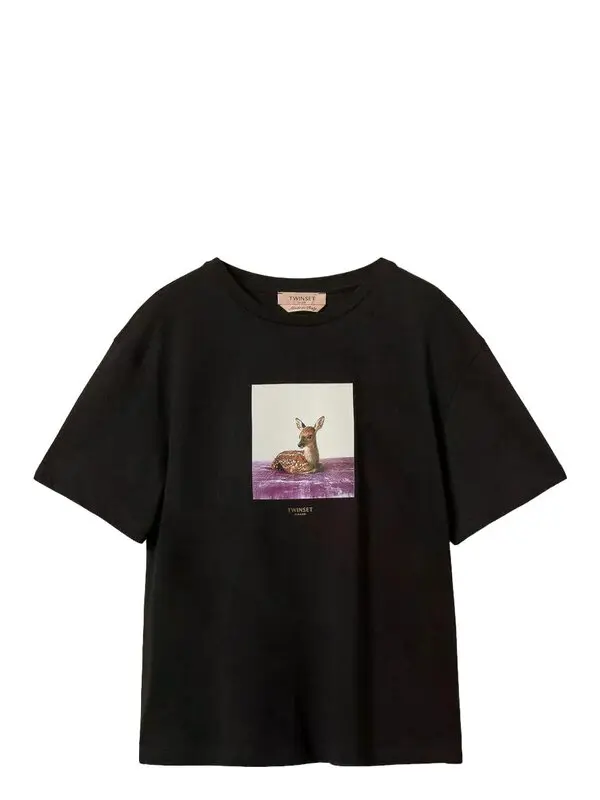 TWINSET Graphic Print Crewneck Cotton T-shirt - Black