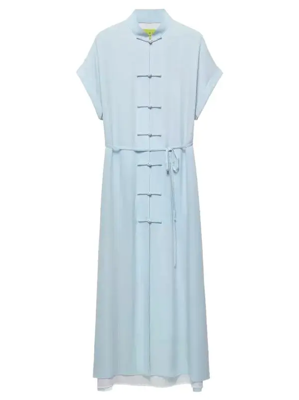 Shanghai Tang Frog-button Belted Shirt Dress - Blue