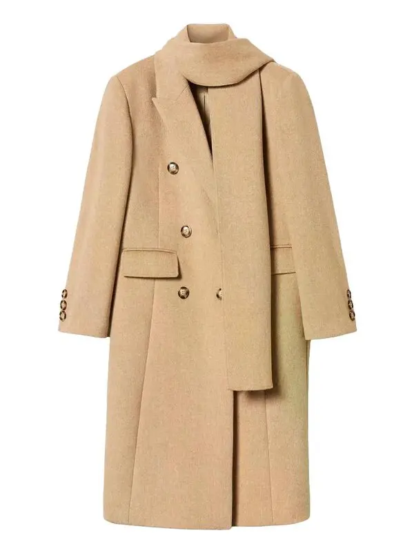 TWINSET Double-breasted Wool Blend Coat With Removable Stole - Neutrals