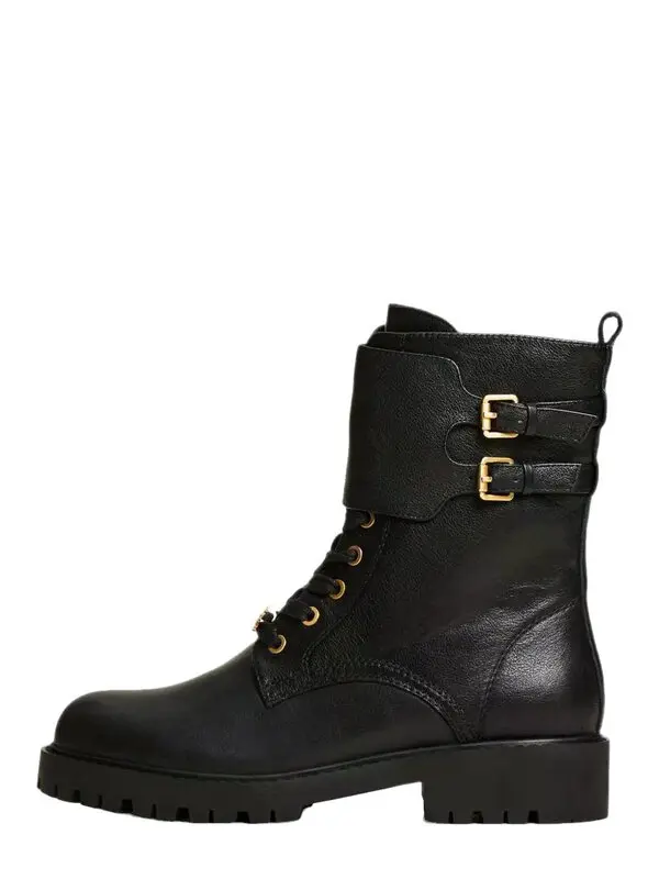 TWINSET Leather Combat Boots With Buckled Straps - Black