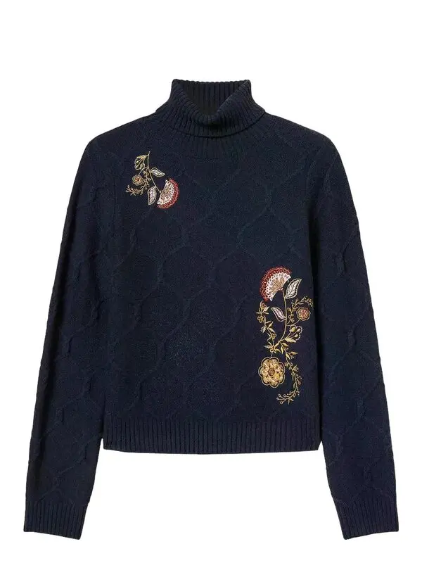 TWINSET Turtleneck Wool Jumper With Floral Embroidery - Blue