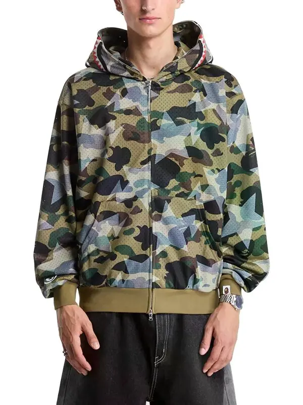 A BATHING APE Shark Camouflage Print Mesh Hoodie - Green