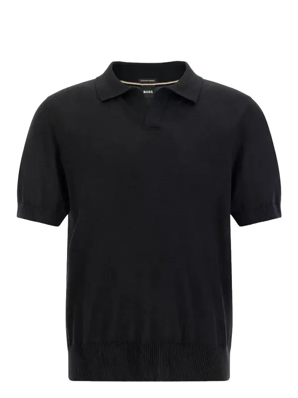 BOSS Merino Wool Knit Polo With Johnny Collar - Black