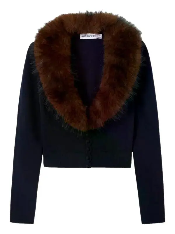SELF-PORTRAIT Navy Faux-fur Trimmed Knit Cardigan - Blue