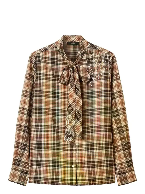 TWINSET Tartan Flannel Shirt With Pussy-bow Collar And Sequin Embellishment - Brown