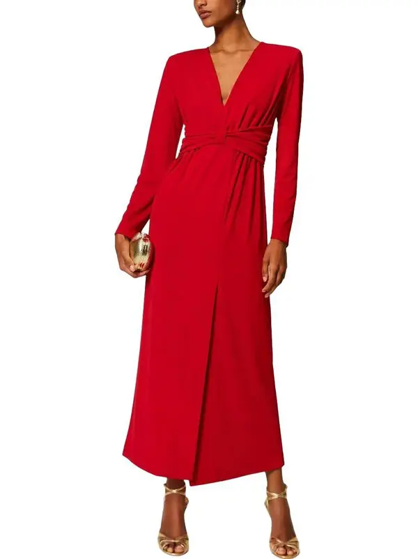 TWINSET Long Sleeve Draped Maxi Dress With Slit - Red