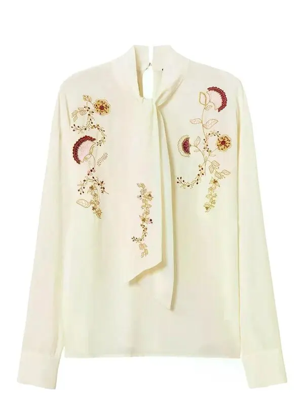 TWINSET Crêpe De Chine Blouse With Floral Embroidery And Pussy Bow - Neutrals