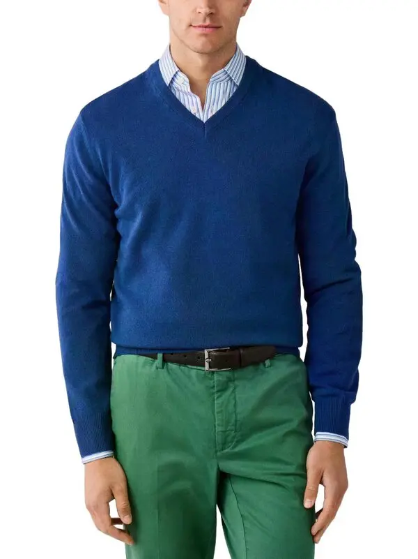 HACKETT LONDON V-neck Knit With Suede Elbow Patches - Blue