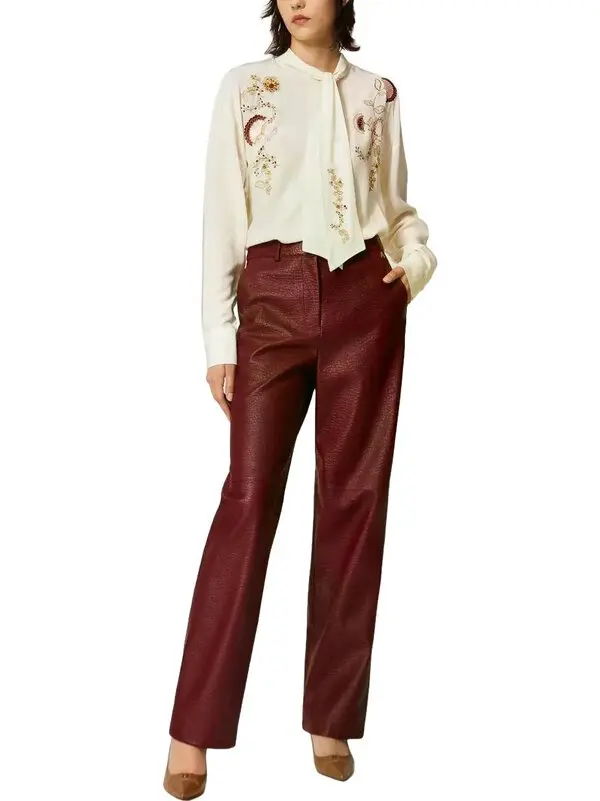 TWINSET Wide Textured Faux Leather Trousers - Red