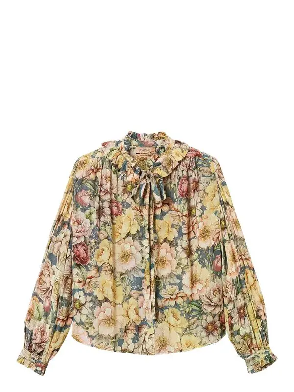 TWINSET Floral Creponne Shirt With Pussy-bow Neckline And Ruffled Details - Blue
