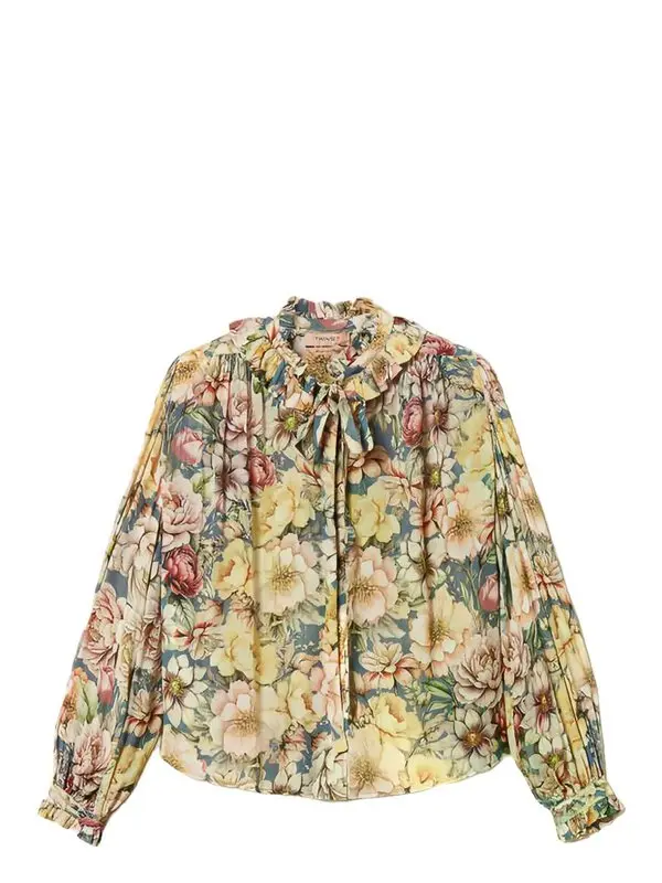 TWINSET Floral Creponne Shirt With Pussy-bow Neckline And Ruffled Details - Blue