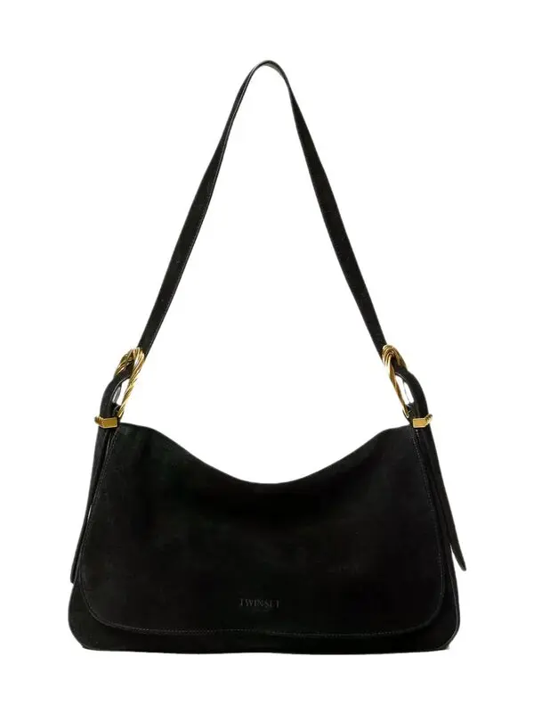 TWINSET Medium Liliane Suede Shoulder Bag With Buckles - Black