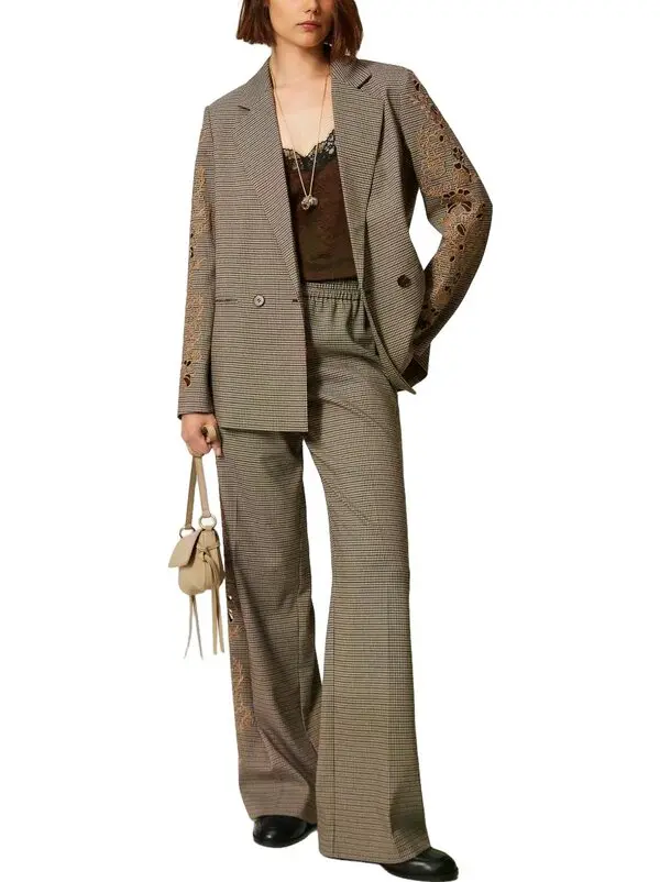 TWINSET Houndstooth Palazzo Trousers With Floral Embroidery - Brown