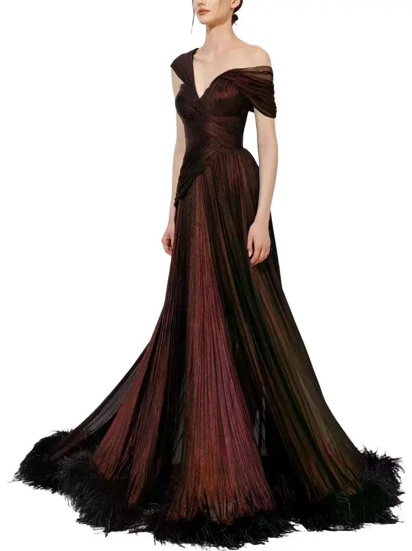 IRIS SERBAN Carla Feather-trimmed Gown - Brown