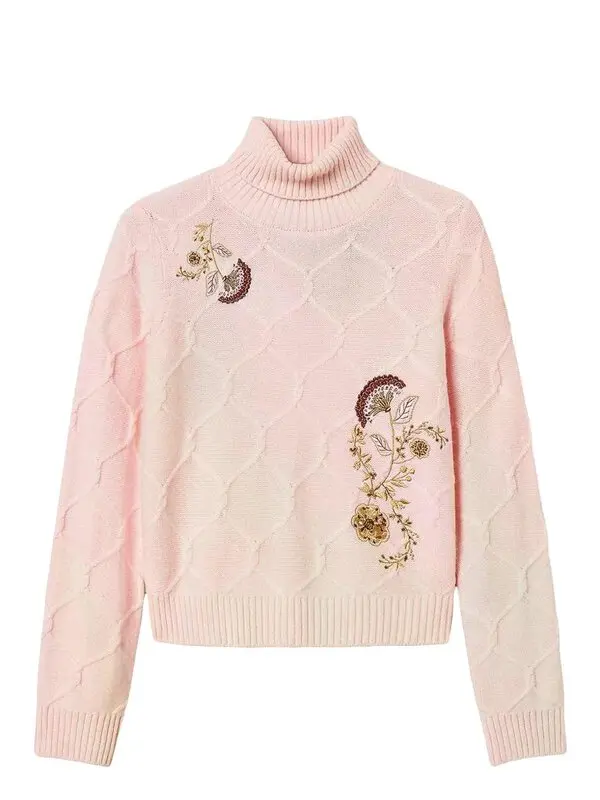 TWINSET Embroidered Floral Turtleneck Wool Jumper - Pink