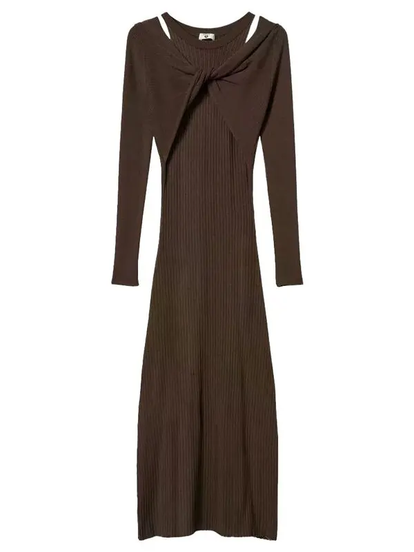 TWINSET Ribbed Knit Long Sleeve Maxi Dress With Front Knot Detail - Brown