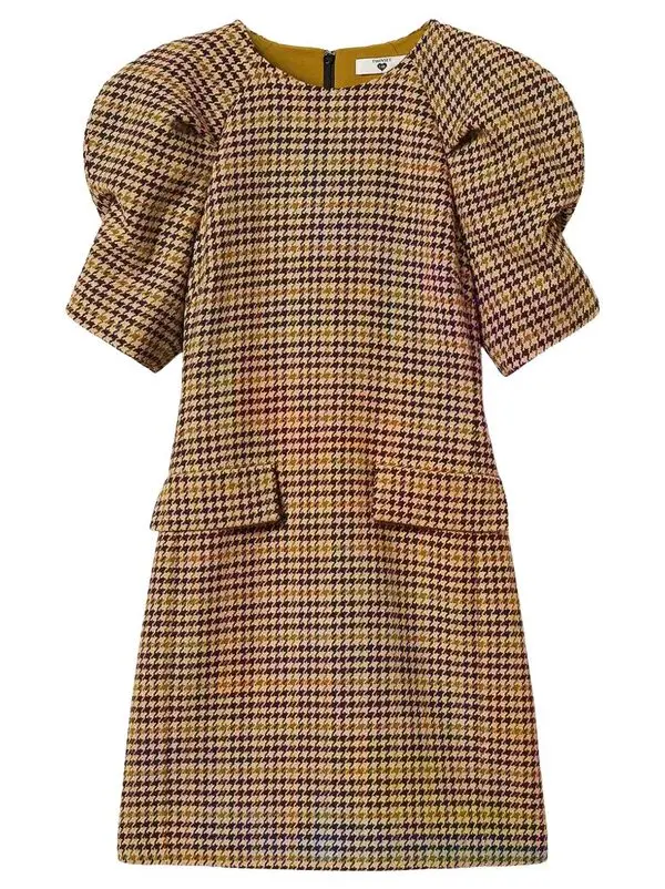 TWINSET Houndstooth Jacquard Puff Sleeve Dress - Brown