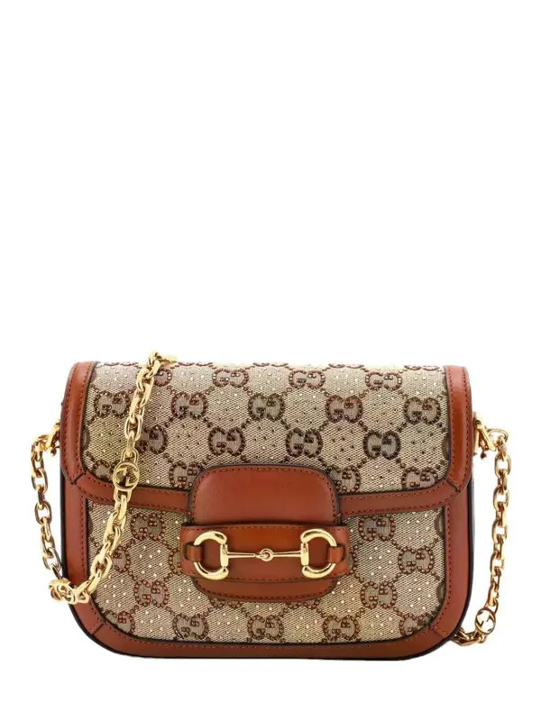 Gucci Horsebit 1955 Crystal Embellished Gg Canvas Mini Shoulder Bag - Brown