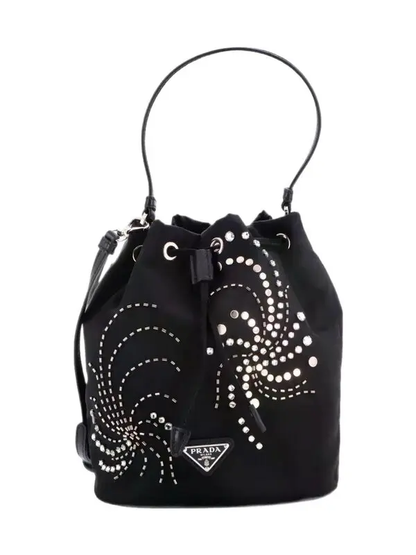 Prada Top Handle Bead Embellished Re-nylon Mini Bucket Bag - Black
