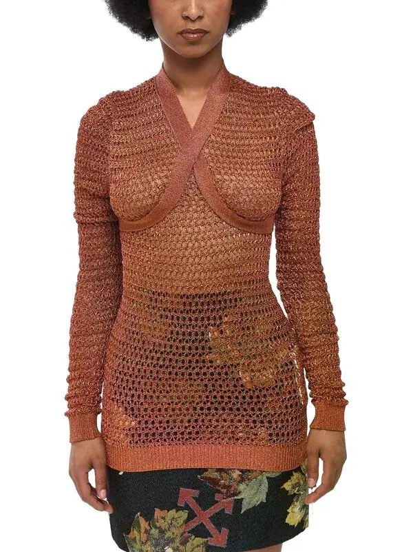Off-White Criss-cross Detail Net Sweater - Brown