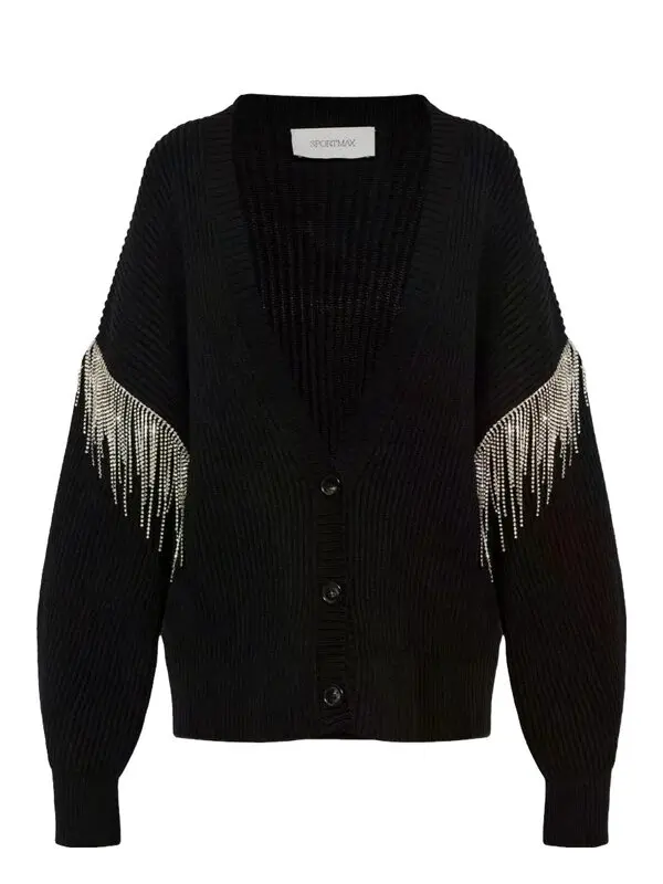 Sportmax Crystal Fringe Ribbed Knit Cardigan - Black