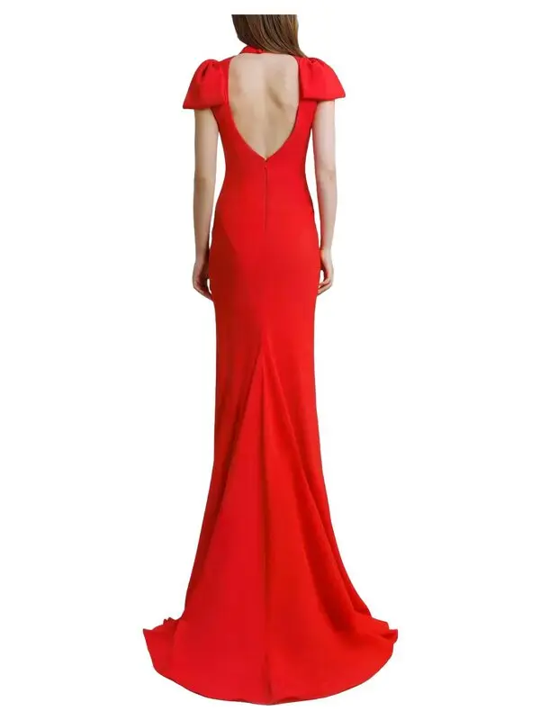 GEMY MAALOUF Bow Detail Plunge Neck Gown - Red