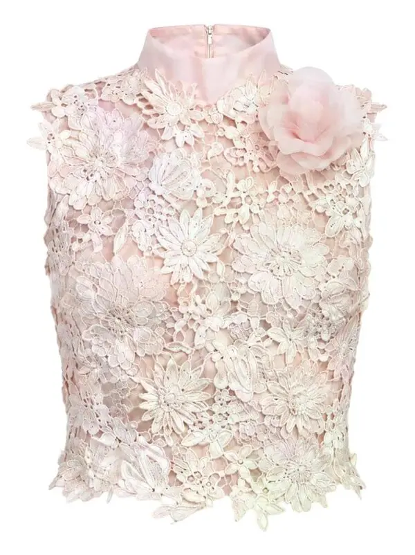 GEMY MAALOUF Sleeveless Floral Lace Peplum Top - Pink