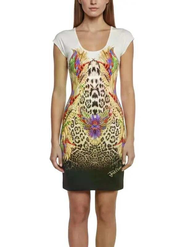 Just Cavalli Mini Dress With Leopard And Feather Print - Neutrals