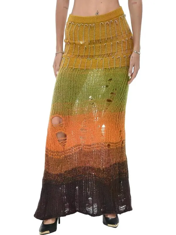 Off-White Bead-embellished Distressed-knit Maxi Skirt - Orange