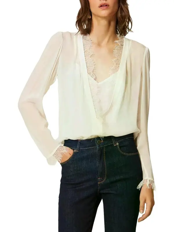 TWINSET Georgette Blouse With Lace Trim - Neutrals