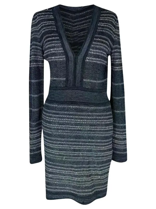 Balmain V-neck Striped Knit Dress - Blue