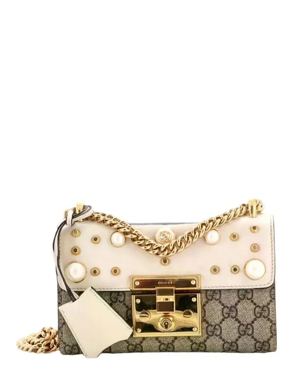 Gucci Pearly Padlock Shoulder Bag Gg Coated Canvas With Studded Leather Small Crossbody Bag - Neutrals