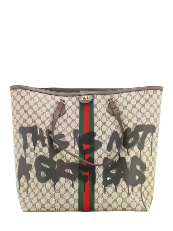Balenciaga X Gucci The Hacker Project Graffiti Bb Coated Canvas Large Tote Bag - Brown