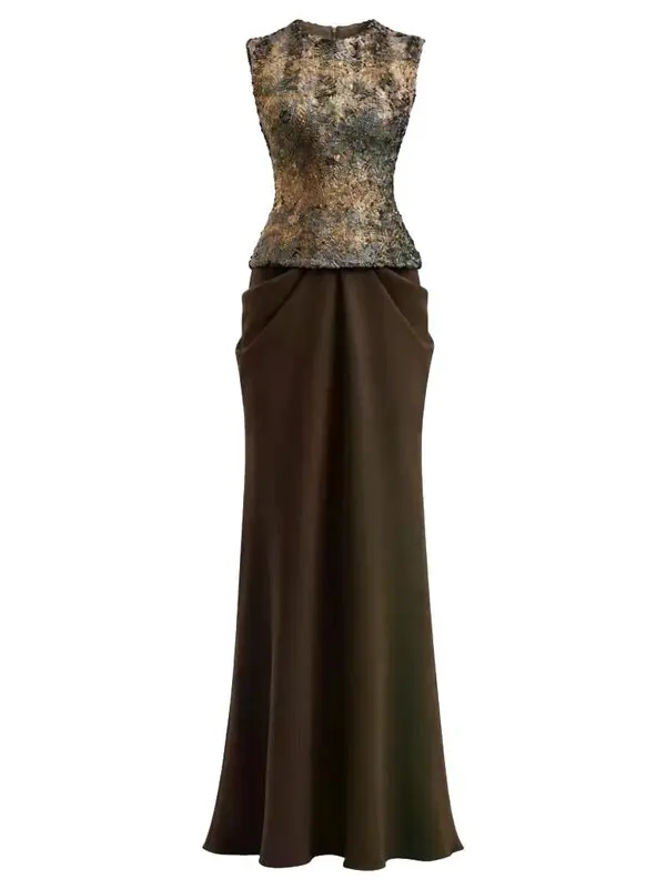 GEMY MAALOUF Textured Bodice Draped Maxi Dress - Brown