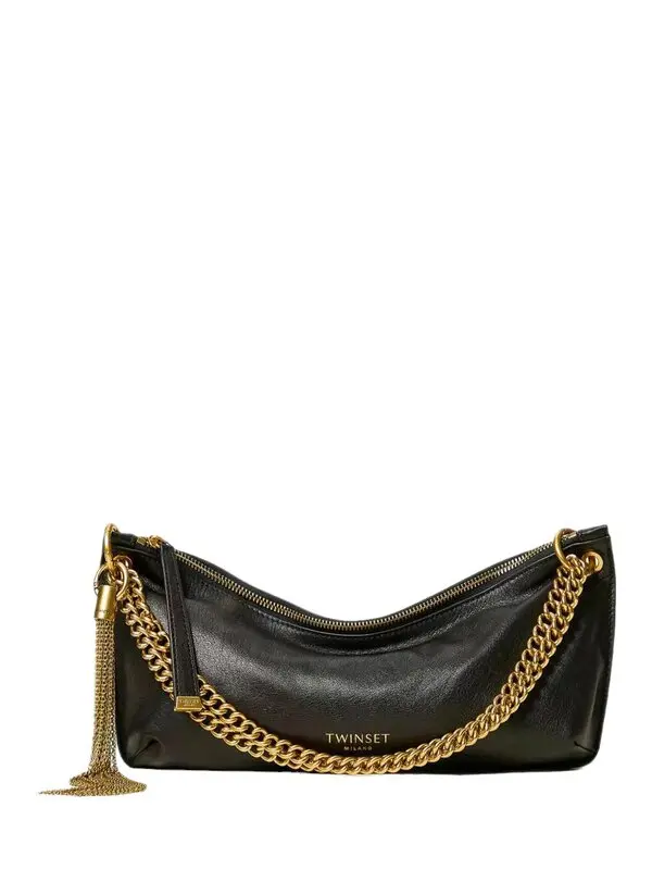 TWINSET Smooth Natural Calfskin Leather Shoulder Bag With Tassel Detail - Black