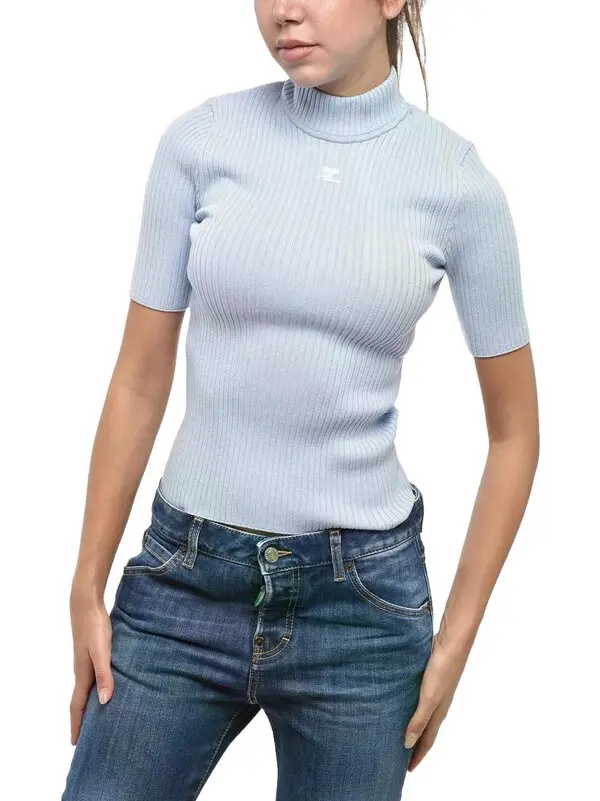 COURREGES Ribbed Knit Logo Embroidered Turtleneck T-shirt - Blue