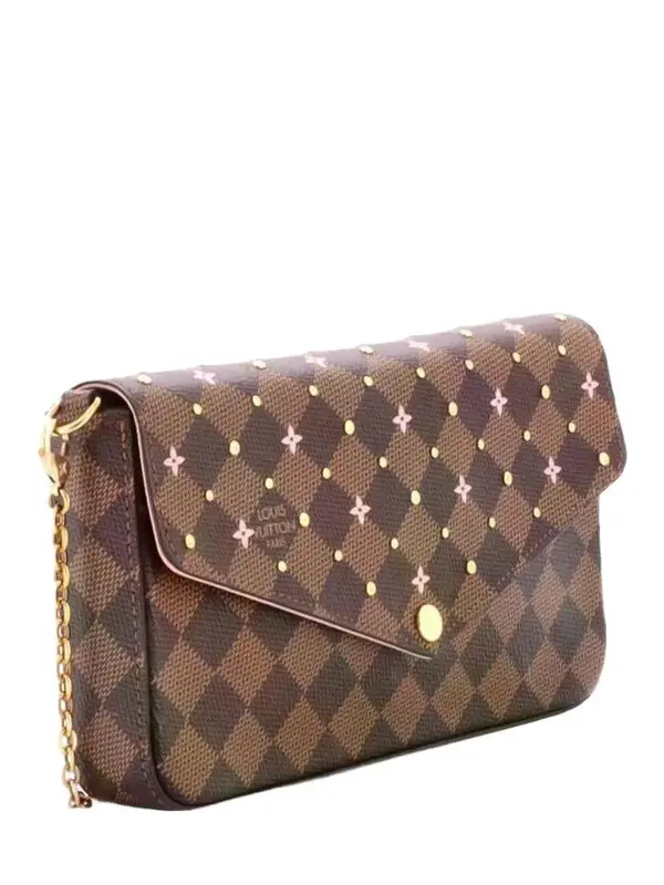 LOUIS VUITTON Felicie Pochette Flower Printed Studded Damier Clutch Bag - Brown