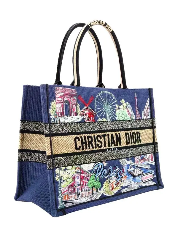 Dior Book Embroidered Raffia Medium Tote Bag - Blue