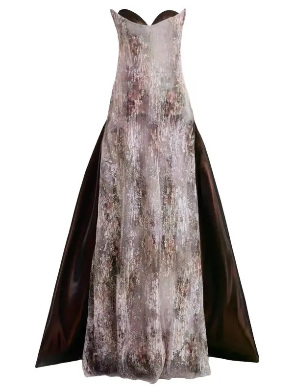 GEMY MAALOUF Strapless Sculpted-neck Abstract Print Gown - Neutrals
