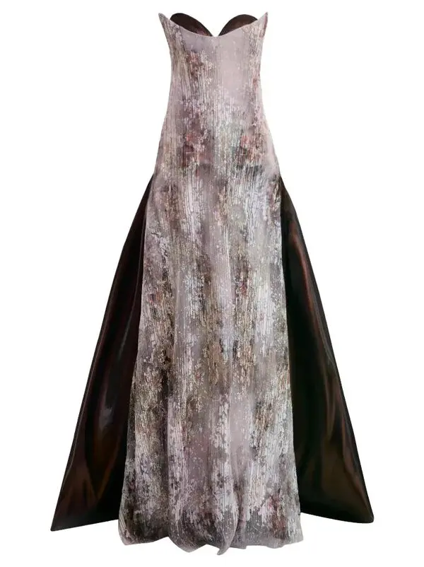 GEMY MAALOUF Strapless Sculpted-neck Abstract Print Gown - Neutrals